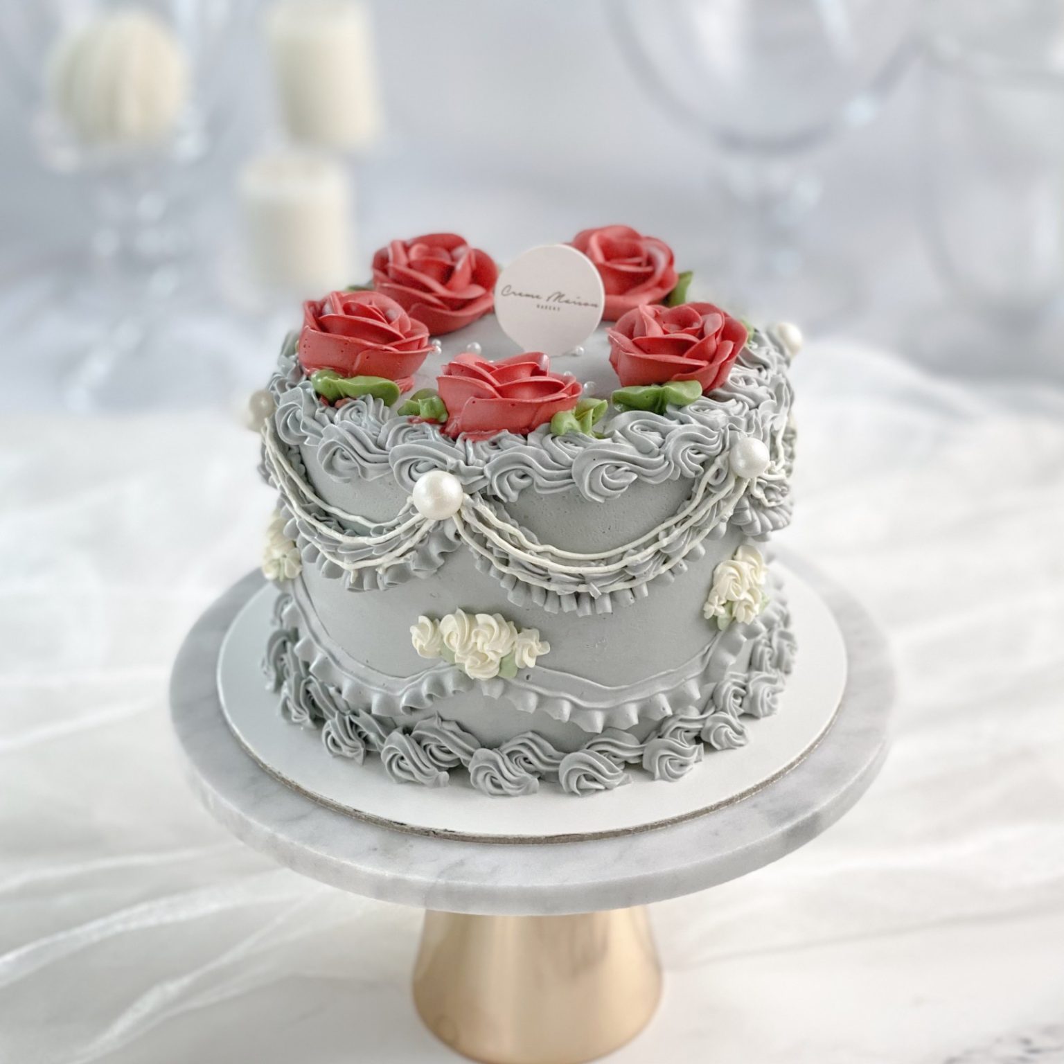 Odette – Grey Red Rose Cake - Creme Maison Bakery